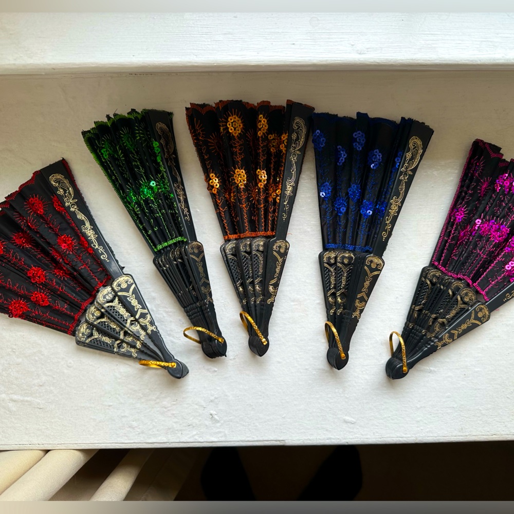 Vintage Folding Hand Fans Fabric Embroidered Sequins-… - Gem